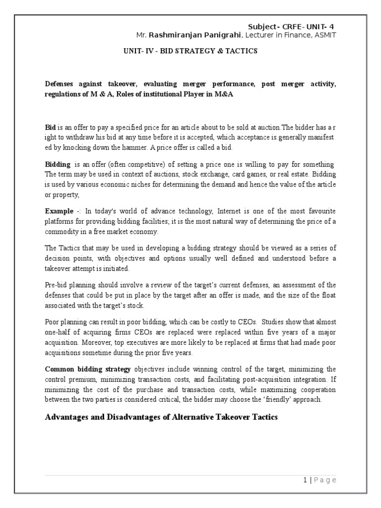 Bid Strategy & Tactics | Download Free PDF | Takeover | Stocks
