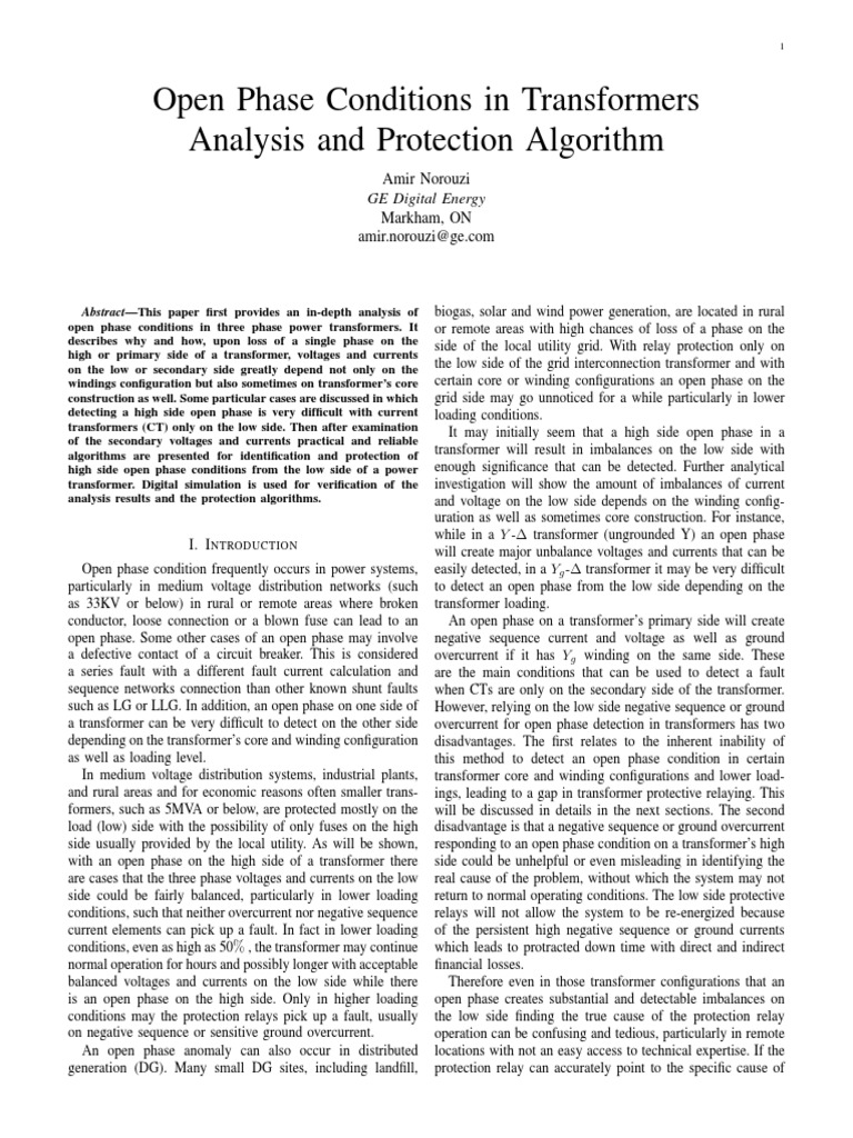 Open Phase Conditions in Transformers - Analysis and Protection ...