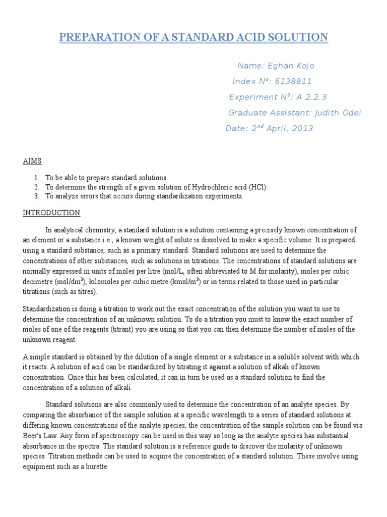 Preparation of A Standard Acid Solution | PDF | Molar Concentration ...