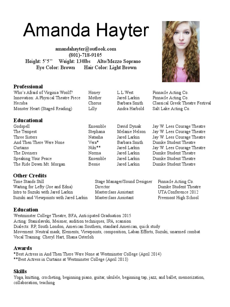 Amanda Hayter Acting Resume | PDF | Language Arts & Discipline