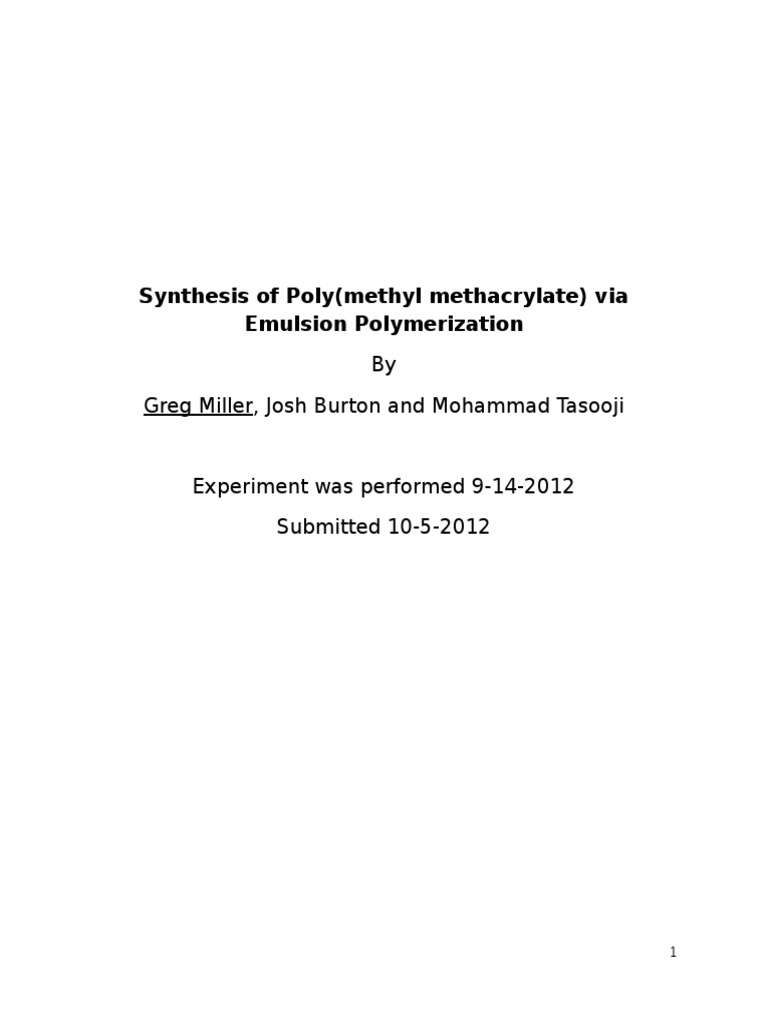Synthesis of PMMA | PDF | Poly(Methyl Methacrylate) | Polymerization
