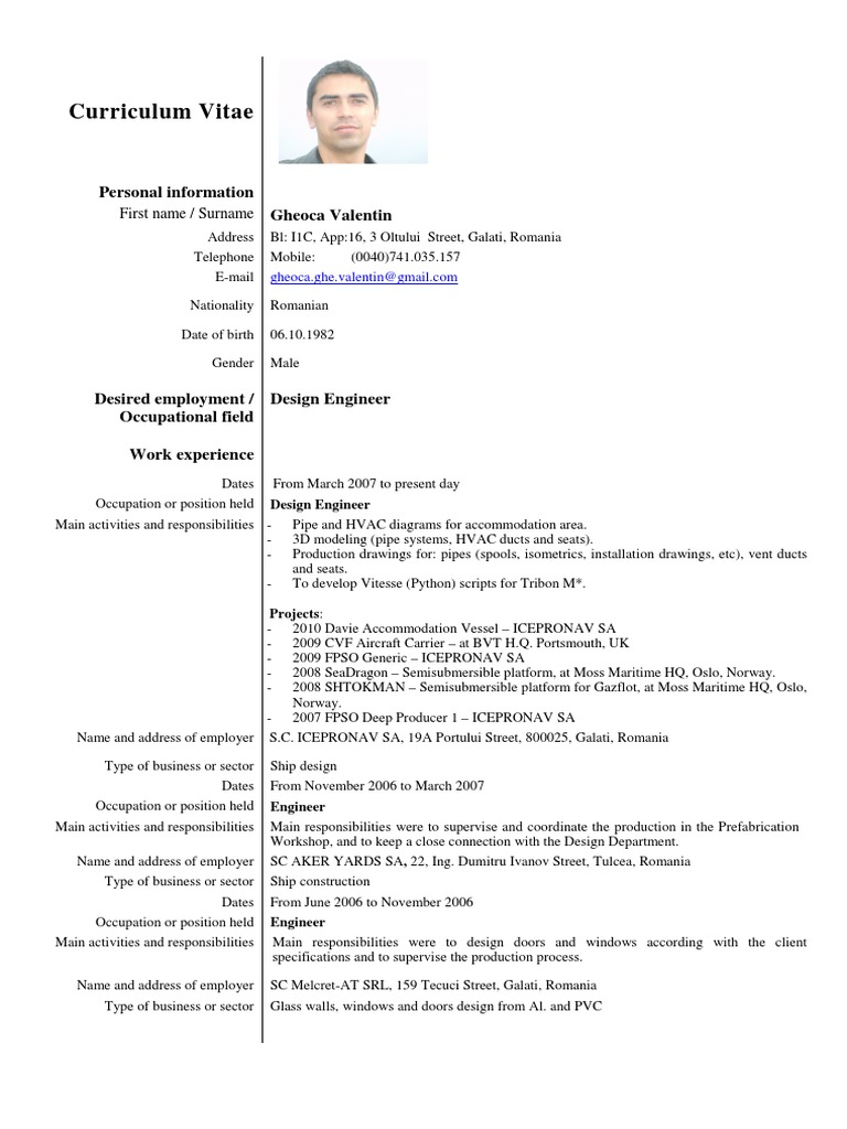 Design Engineer CV - Gheoca Valentin | PDF | Engineering | Languages