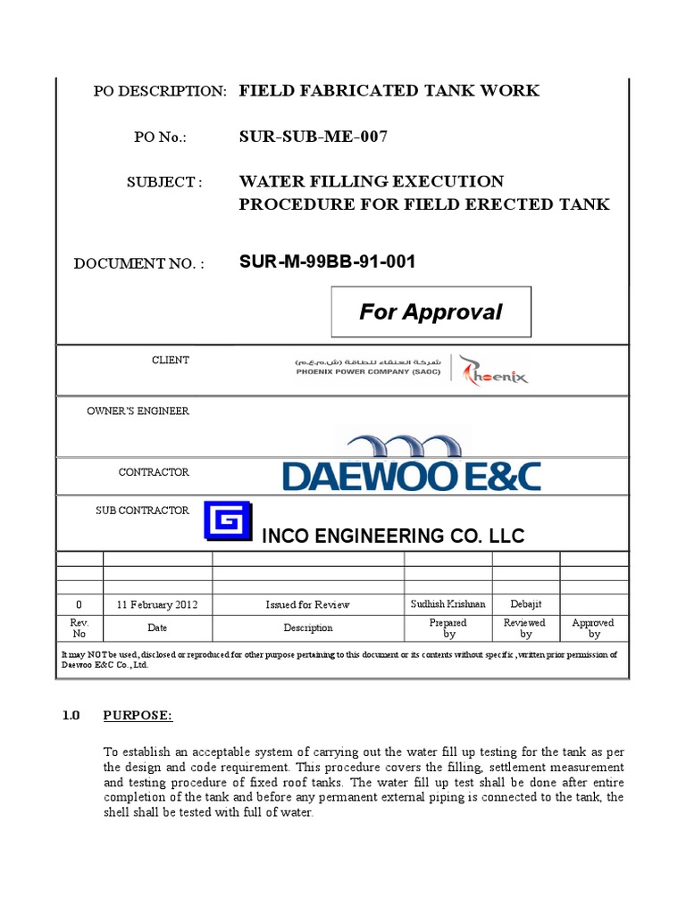 Water Fill Test Procedure for Tanks | PDF | Leak | Welding