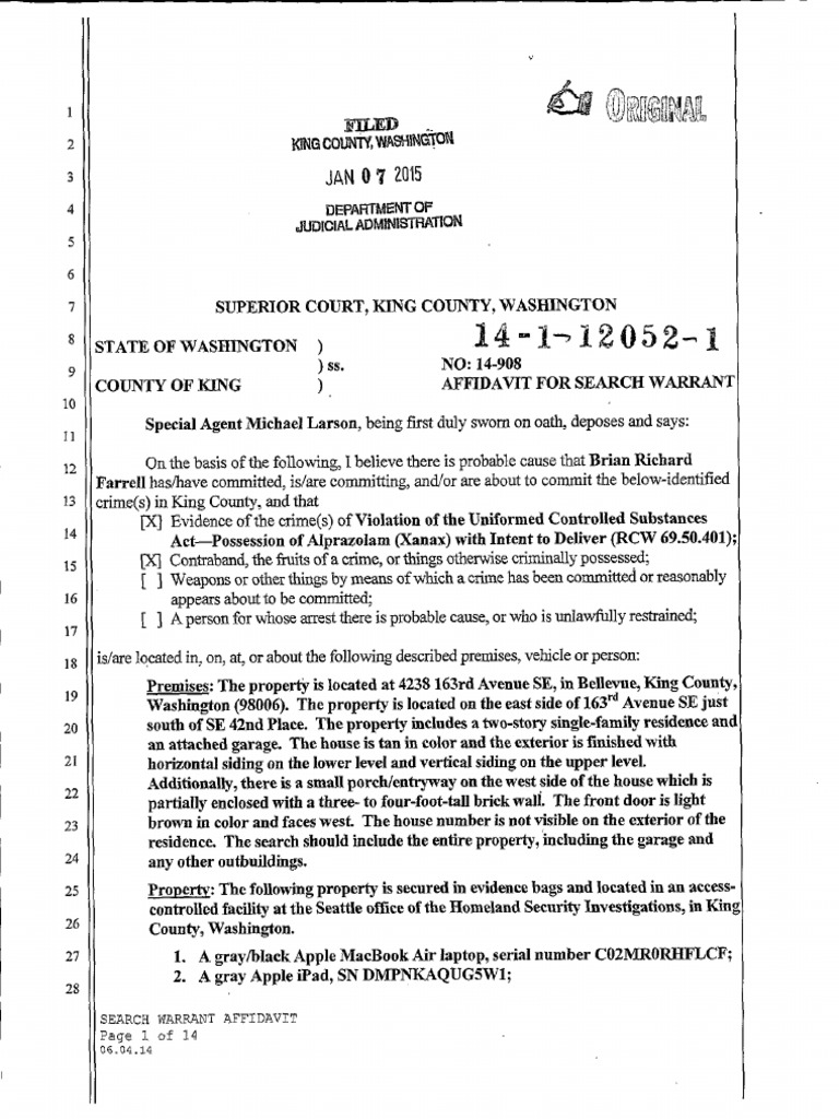 King County Superior Court Brian Farrel Search Warrant Affidavit | PDF