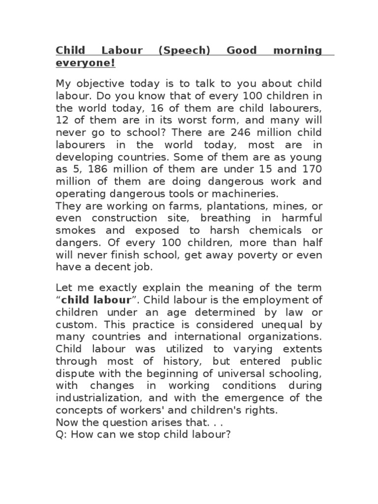 Child Labour (Speech) Good Morning Everyone! | PDF | Child Labour ...
