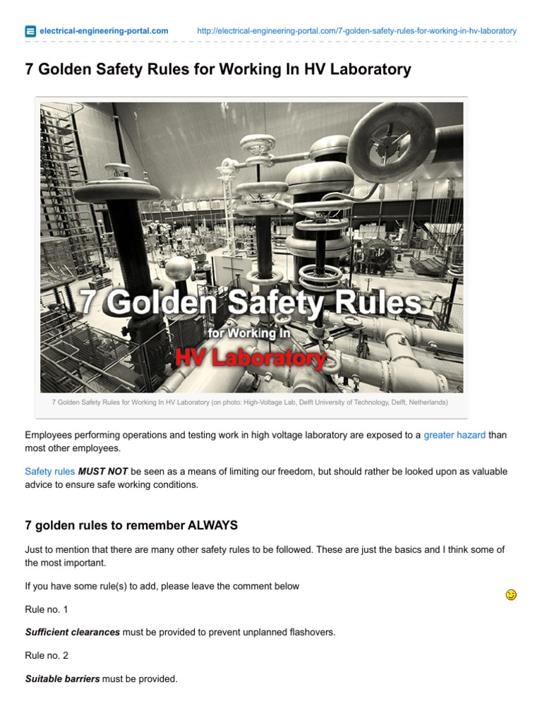 7 Golden Safety Rules For Working in HV Laboratory | PDF | High Voltage | Laboratories