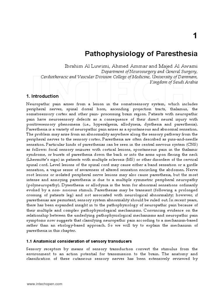 Pathophysiology of Paresthesia | PDF | Stimulus (Physiology) | Neuron