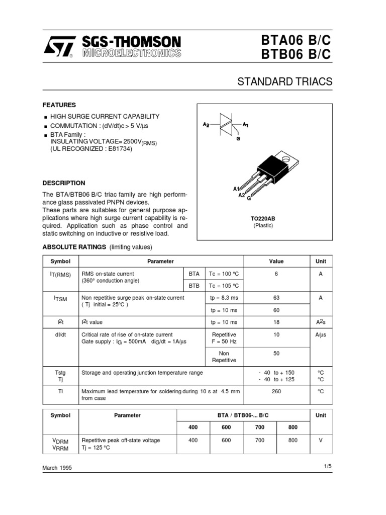 BTA06 B/C BTB06 B/C: Standard Triacs | PDF | Electric Power ...