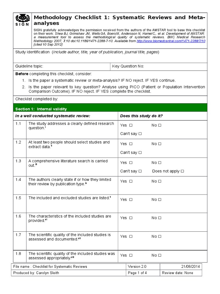 Checklist For Systematic Reviews | PDF | Systematic Review ...