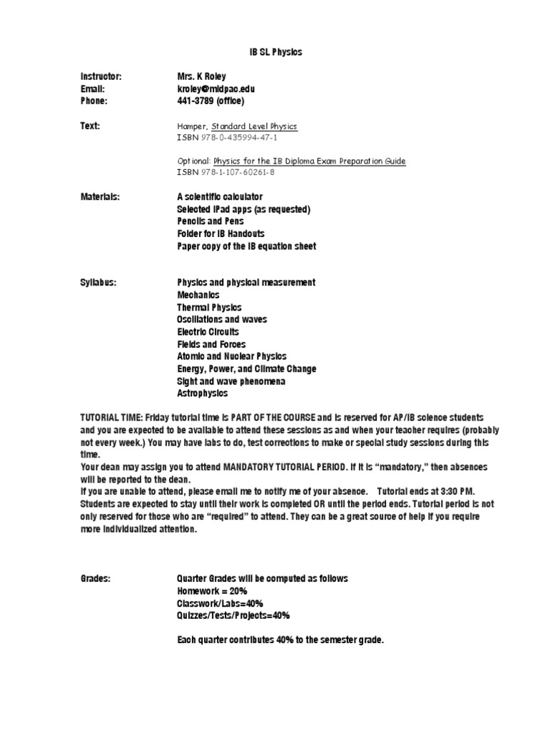 IB SL Physics Course Syllabus 2023 | PDF | Force | Waves