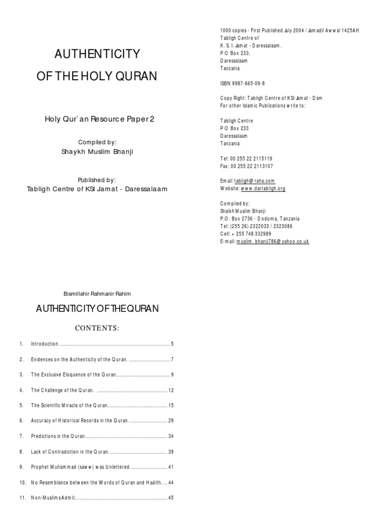 Authenticity of The Holy Quran | PDF | Quran | Islam