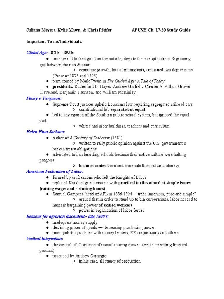 APUSH Ch. 17-20 Study Guide | PDF | History Of The United States | Monopoly