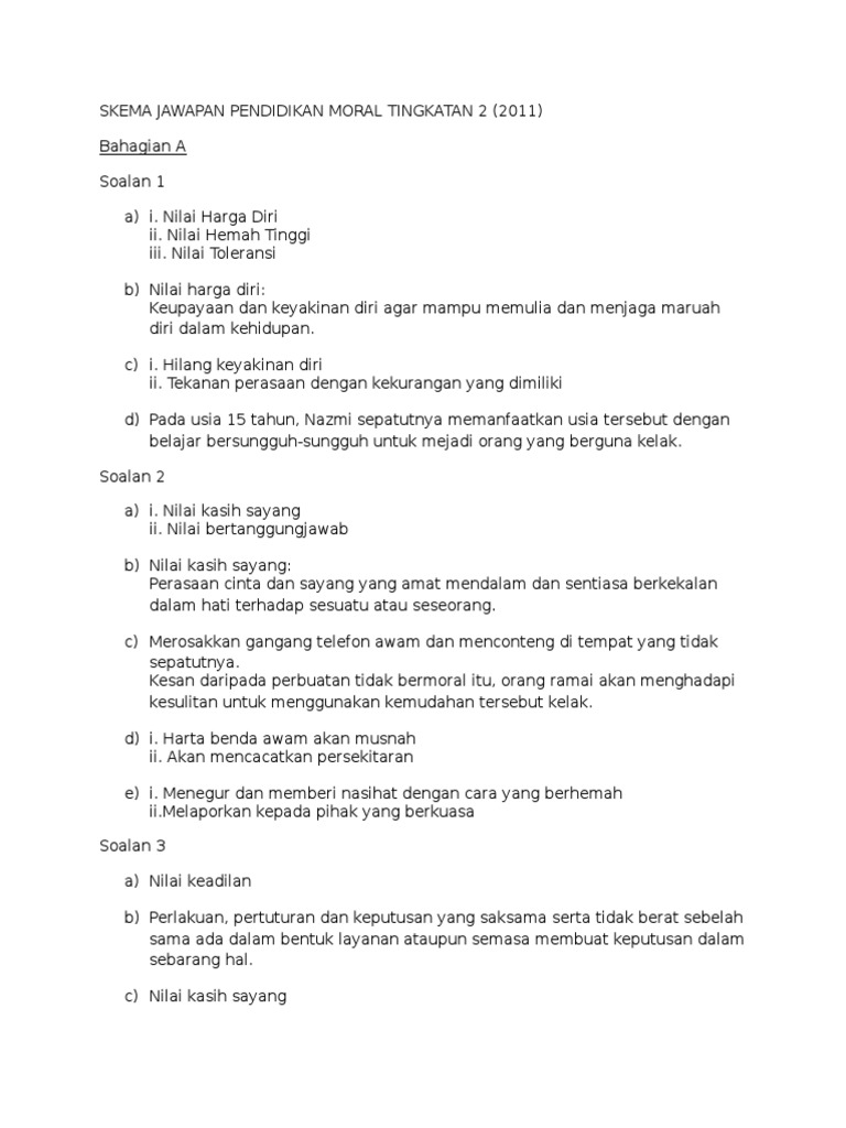 Skema Jawapan Pendidikan Moral Tingkatan 2 | PDF