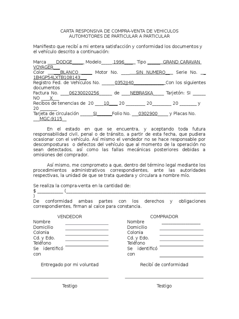 Carta Responsiva de Compra Venta de Vehiculos | Descargar gratis PDF ...