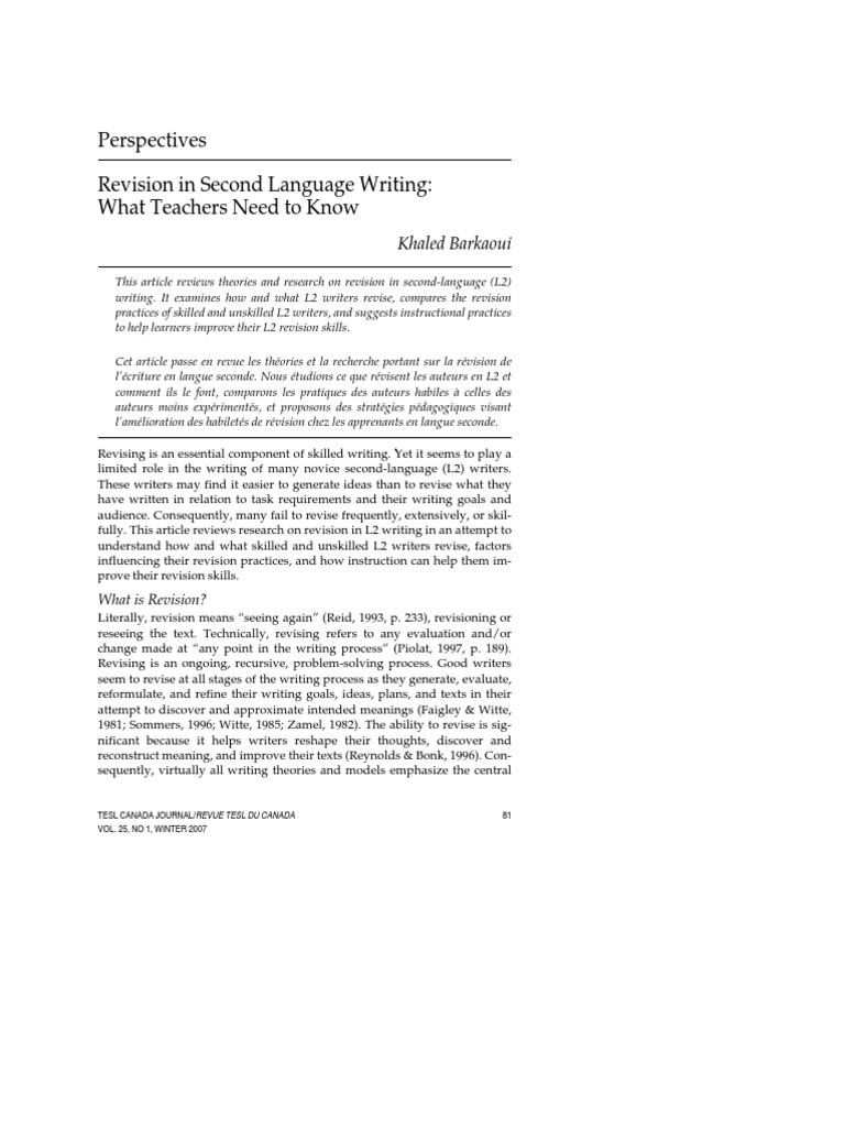 Perspectives Revision in Second Language Writing: What Teachers Need To ...