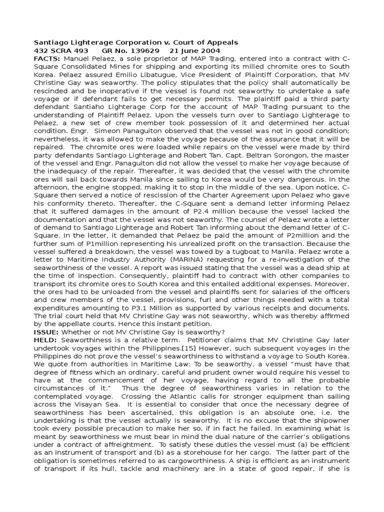 Santiago Lighterage Corporation V CA | Download Free PDF | Ships ...