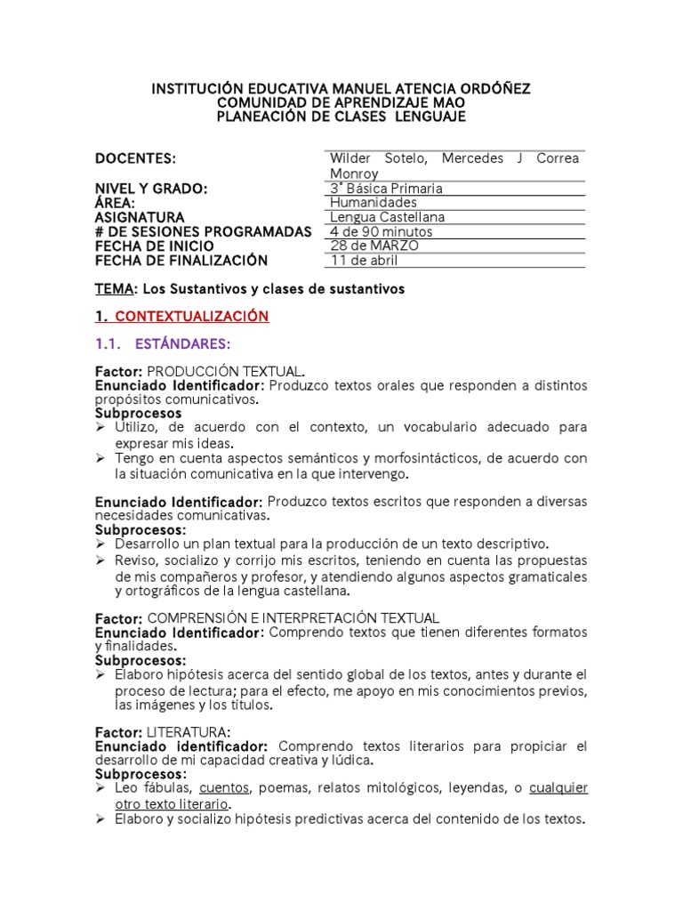 Clase 3° El Sustantivo Versión 2 | PDF | Sustantivo | Lectura (proceso)