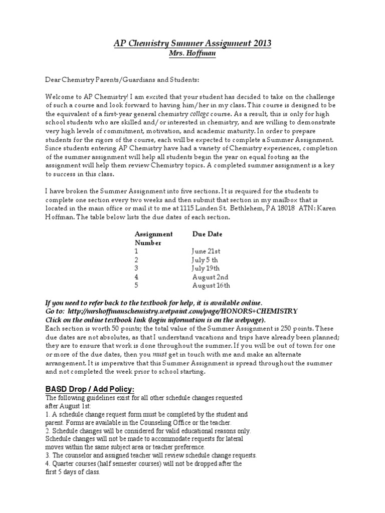 AP Chemistry Summer Assignment | PDF | Acid | Chlorine