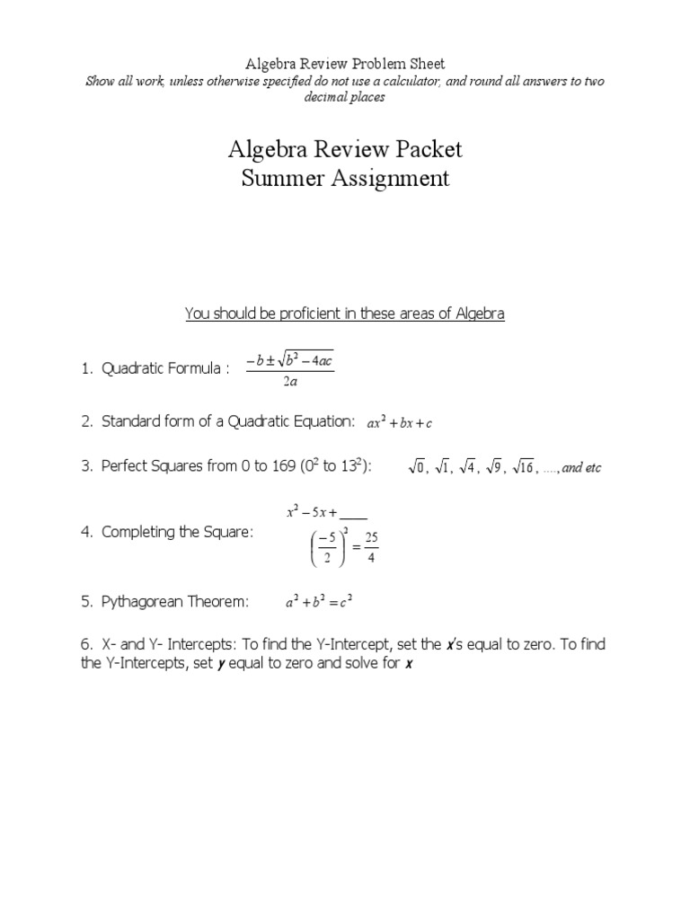 Honors - AP Physics Algebra Review Problem Sheet | PDF | Quadratic ...