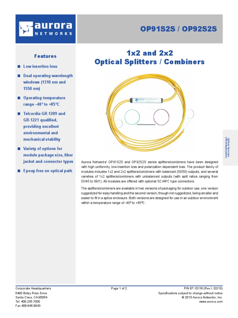 87 10116 RevI OP9xS2S 1x2 and 2x2 Splitters | PDF | Decibel | Optical Fiber