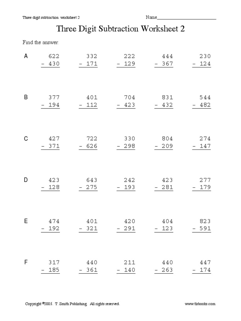 Three Digit Subtraction Worksheet 2: Find The Answer. A | PDF