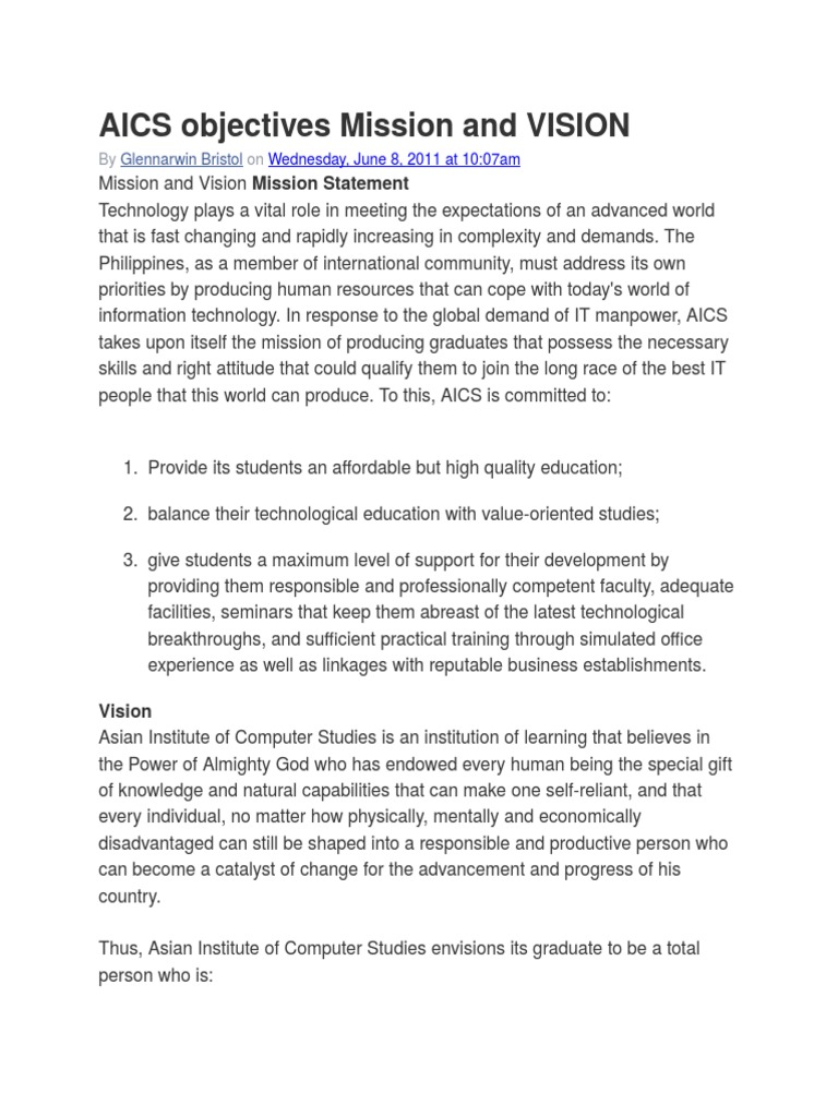 AICS Objectives Mission and VISION | PDF | Cognition | Students