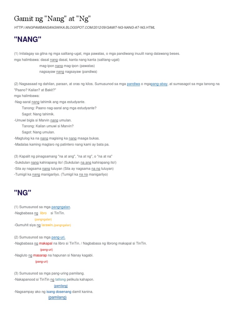 Gamit NG Nang at NG | PDF