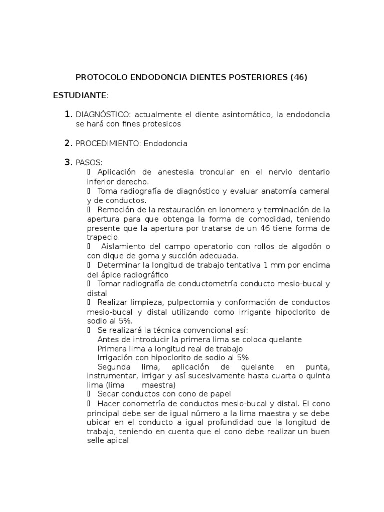 Protocolo Endodoncia de 46 | PDF | Boca | Medicina CLINICA