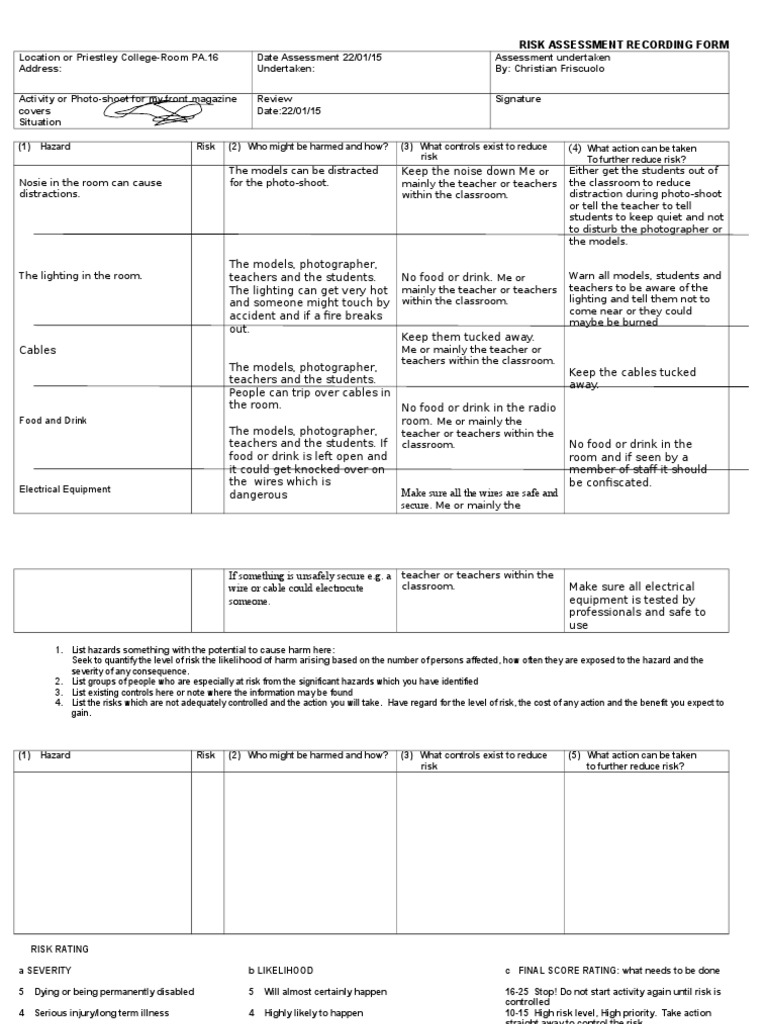 Risk Assessment Recording Form | Download Free PDF | Risk | Classroom