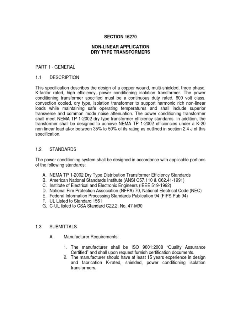 Dry Type Transformer - Technical Specifications | PDF | Transformer ...