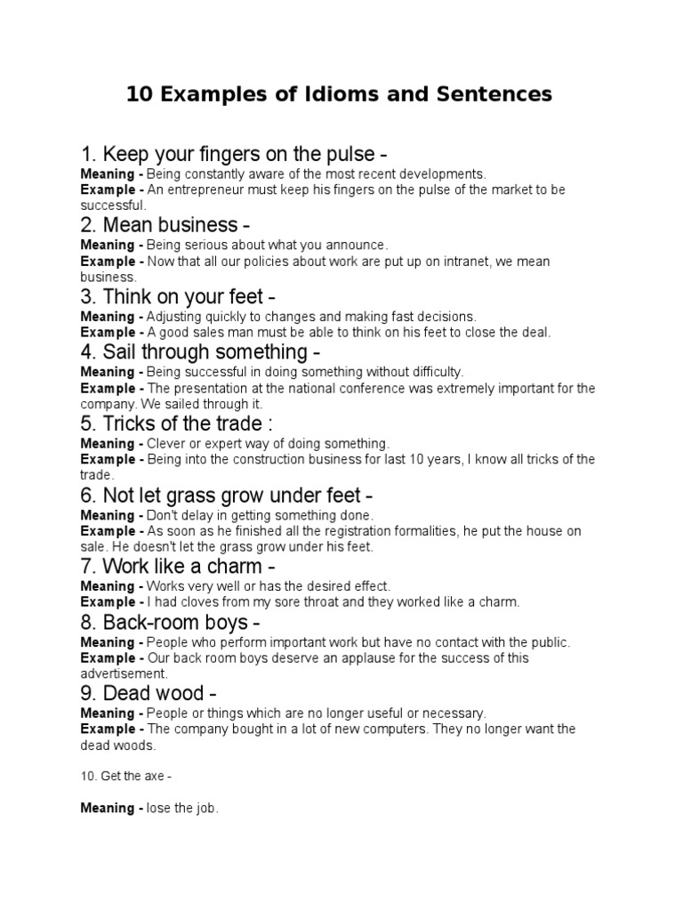 Idioms And Meanings And Sentences