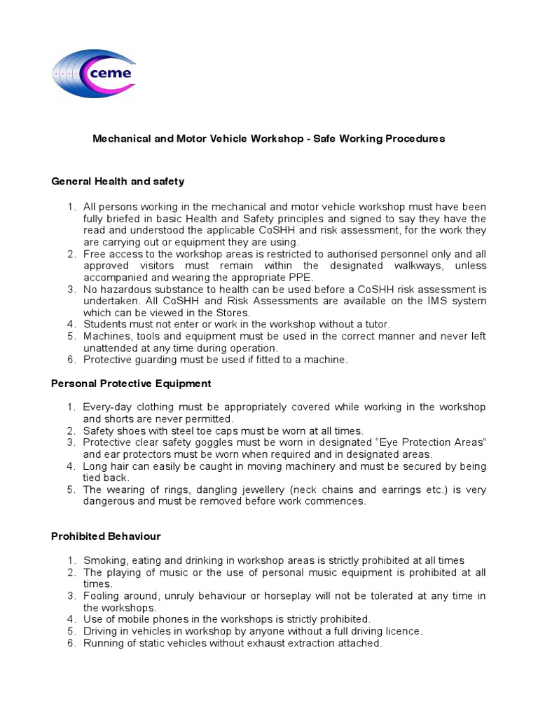 Motor Vehicle Workshop Safety Regulations | PDF | Personal Protective ...