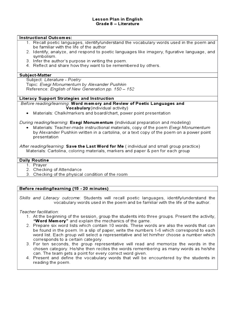 Learning Plan in English | PDF | Reading (Process) | Poetry