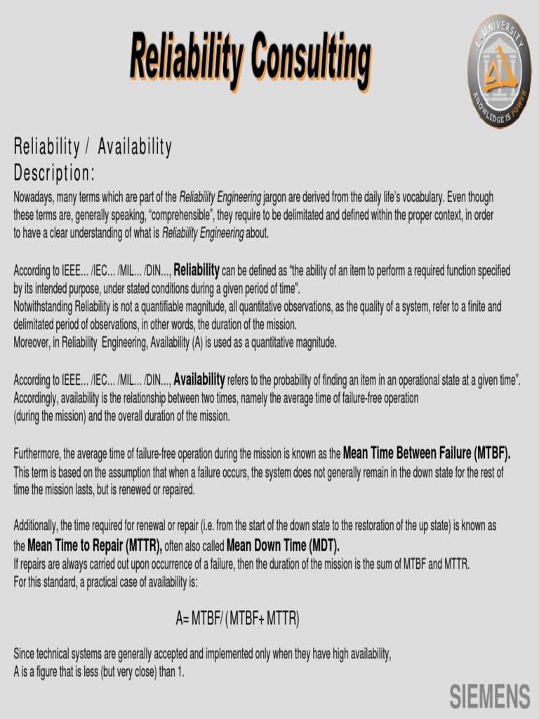 Reliability and Availability: Definitions, Calculations, and Standards for MTBF, MTTR, and ...