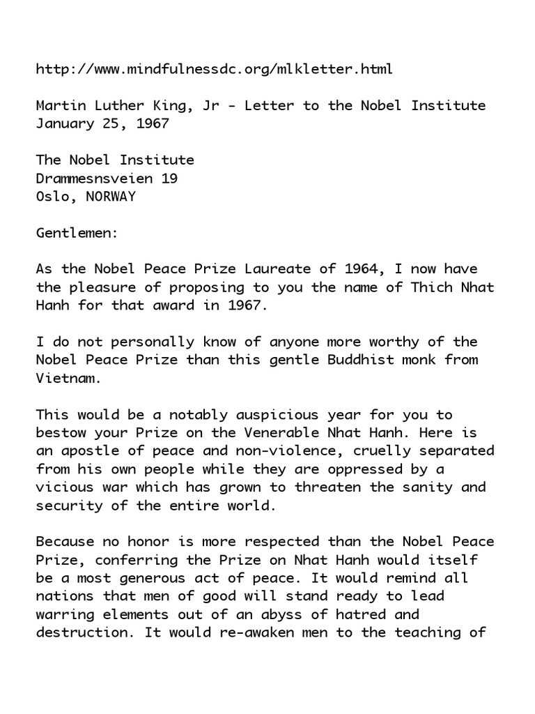 Martin Luther King Jr.'s Letter Proposing Thich Nhat Hanh For The Nobel ...