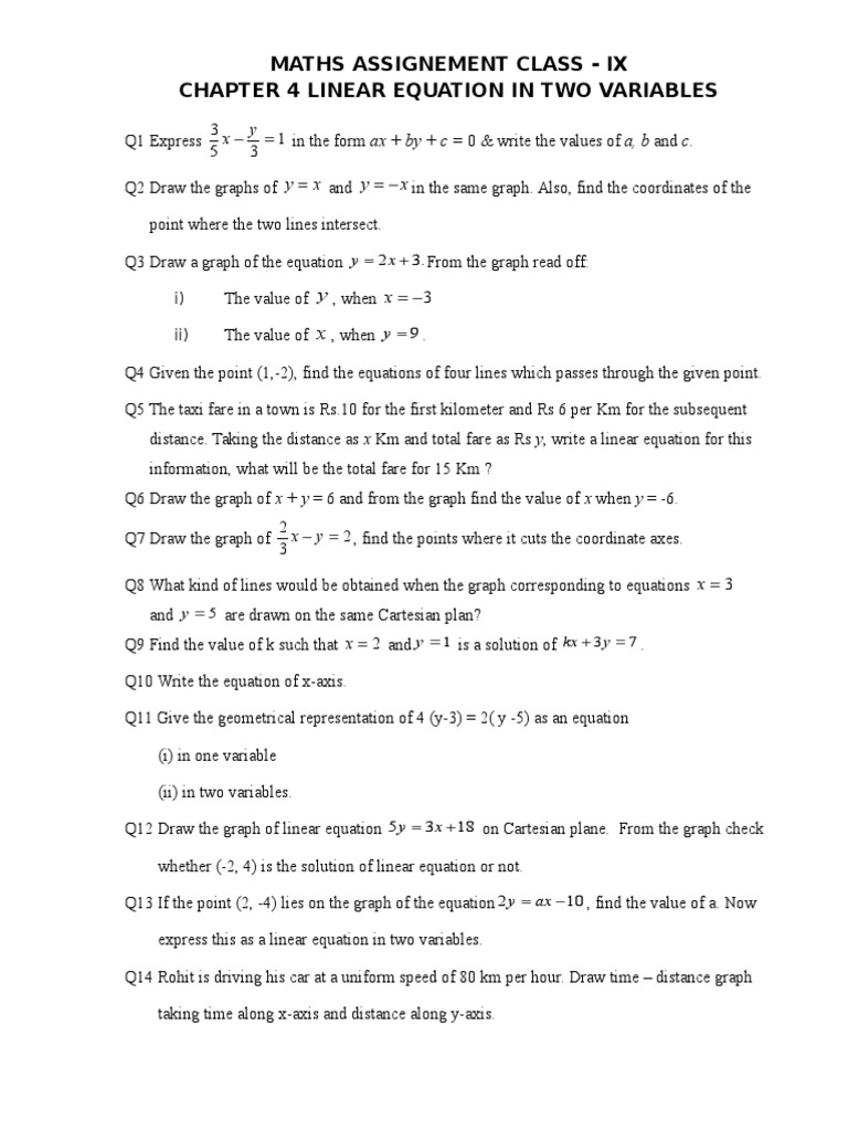 Maths Linear Equations in Two Variables Assignment Class 9 CBSE | PDF ...