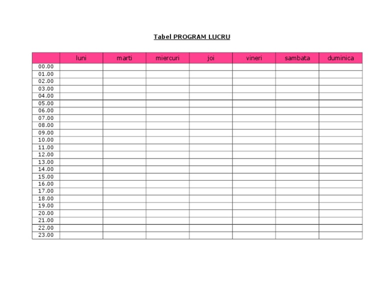 Luni Marti Miercuri Joi Vineri Sambata Duminica: Tabel Program Lucru | PDF