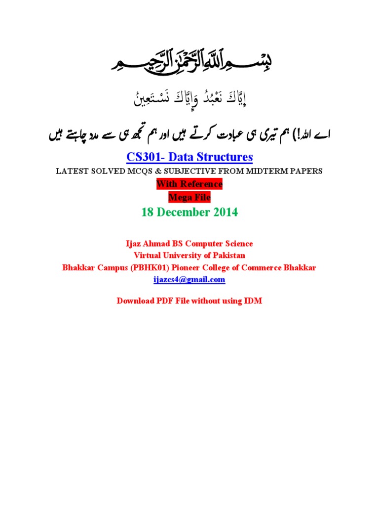 CS301 Mid Term Papers MCQSMaga File | PDF | Pointer (Computer Programming) | Queue (Abstract ...