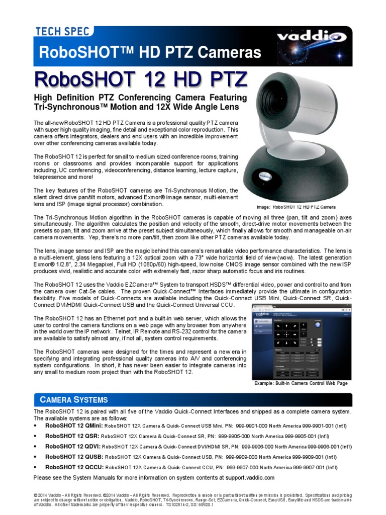 Roboshot 12 Tech Spec Rev A | PDF | Zoom Lens | Camera