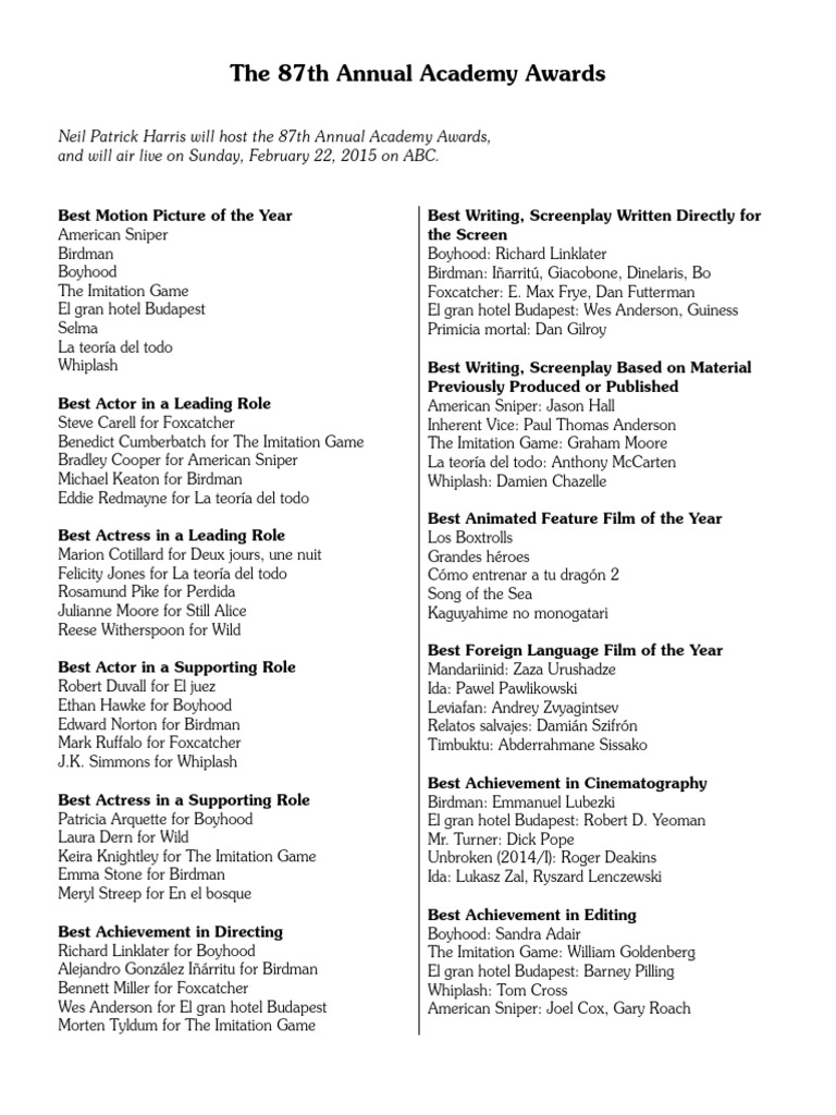 Oscars 2015 | PDF | Film Award Winners | Entertainment (General)