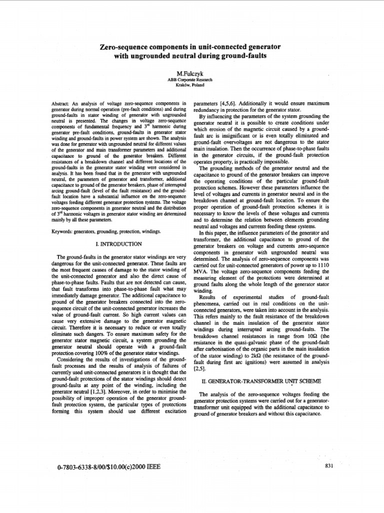 Zero-Sequence Components in Unit-Connected Generator With Ungrounded ...