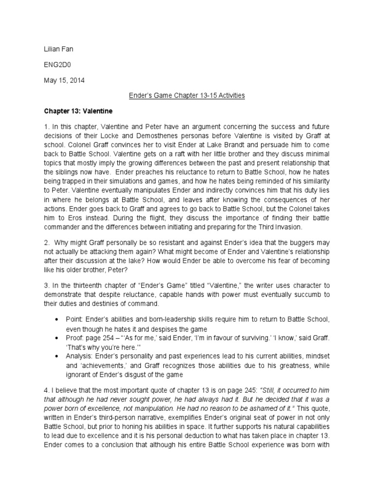 Ender's Game Chapter 13, 14, 15 Activities | PDF