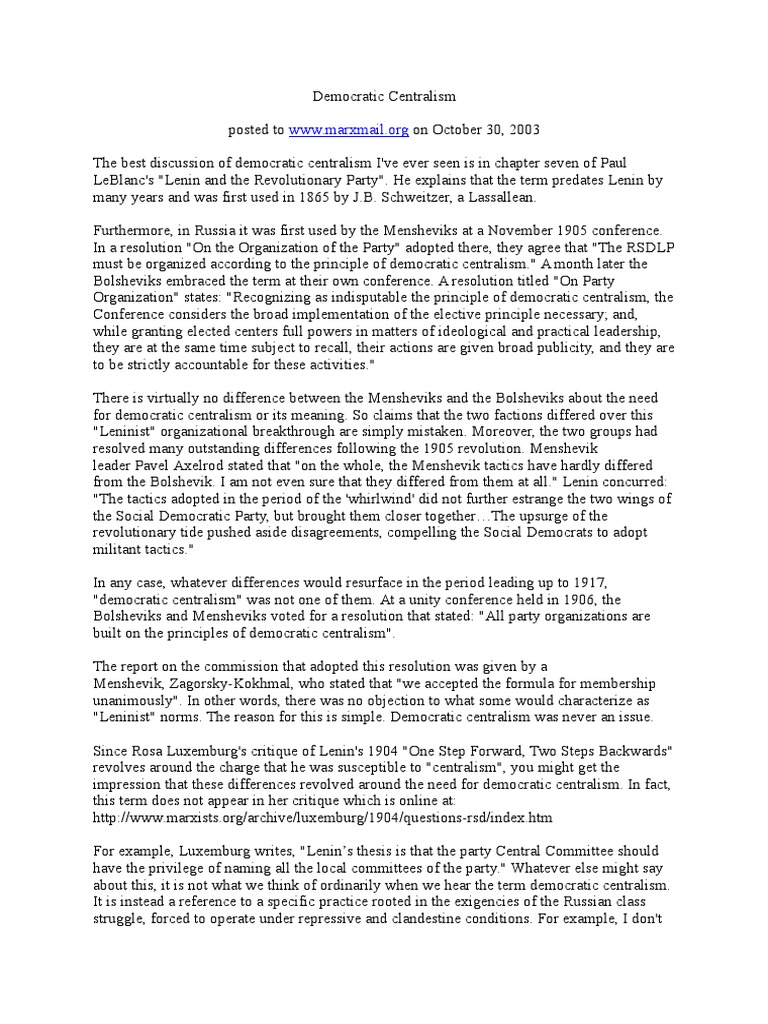 Democratic Centralism Lassallean | PDF | Bolsheviks | Vladimir Lenin