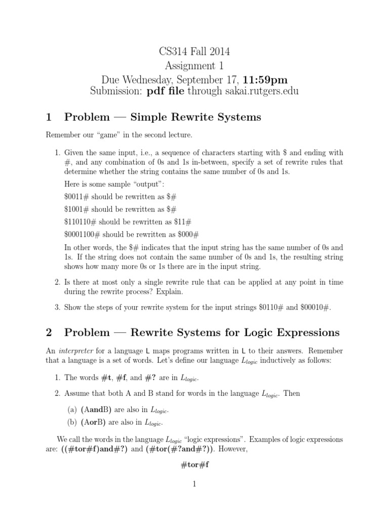 CS314 Fall 2014 Assignment 1 Due Wednesday, September 17, 11:59pm Submission: PDF File Through ...