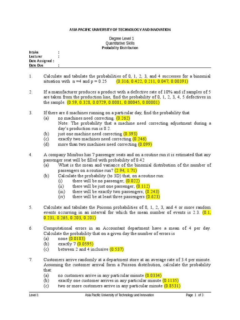 Tutorial 4 - Probability Distribution (With Answers) | PDF | Mean ...