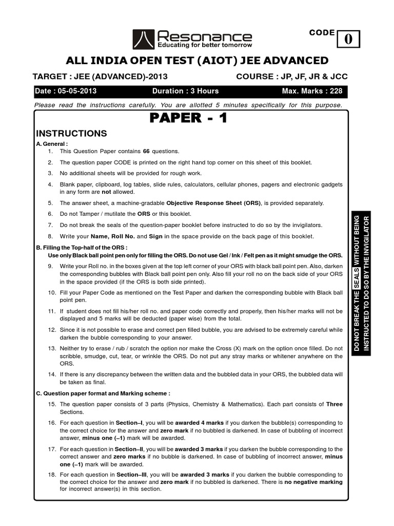 Paper - 1: All India Open Test (Aiot) Jee Advanced | PDF | Acceleration ...