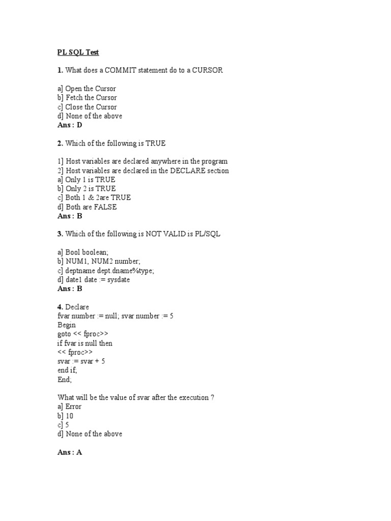 Questions And Answers For Pl Sql Plsql Computer Engineering 
