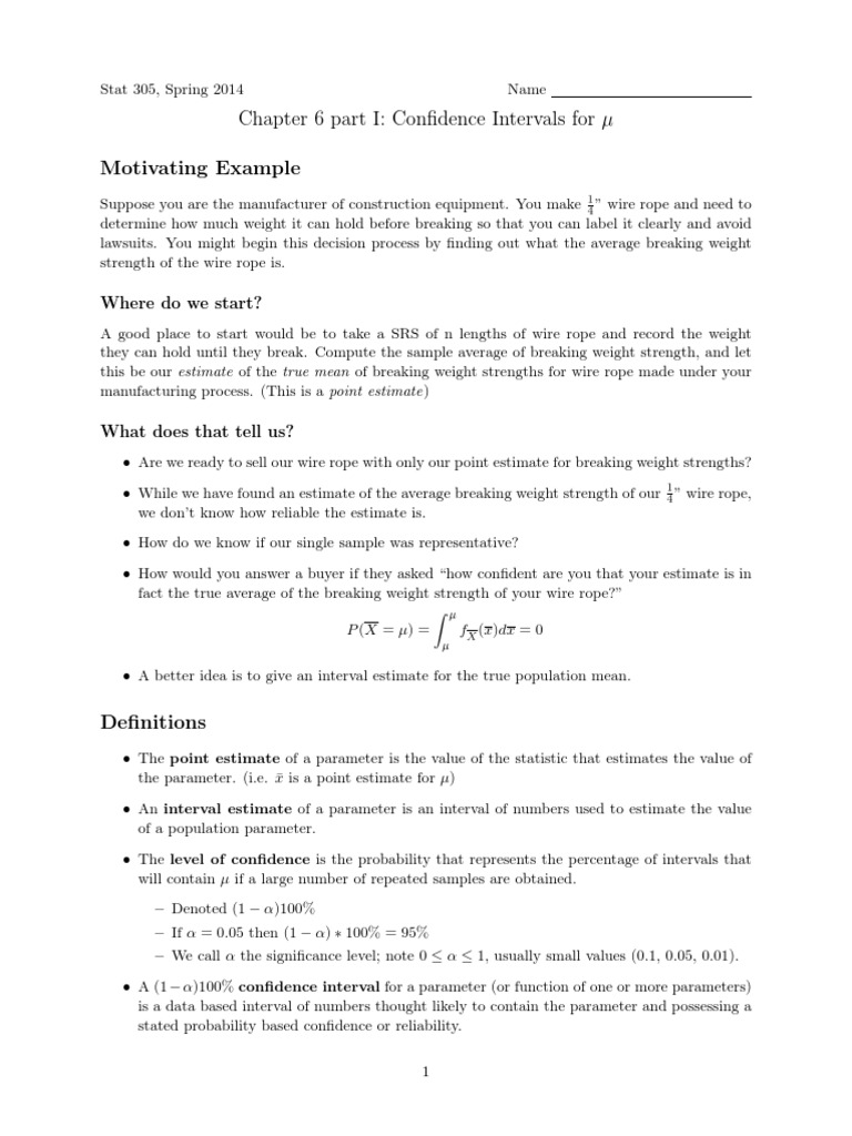 Chapter 6 Part I: Confidence Intervals For Motivating Example | PDF ...