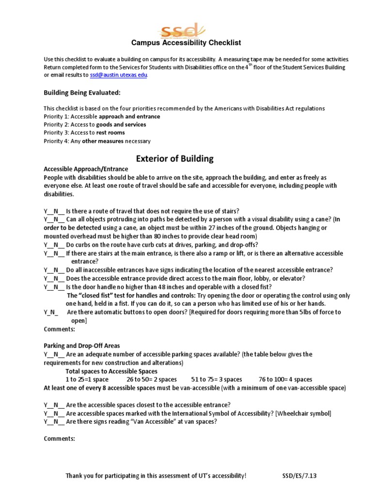 UT Austin Accessibility Checklist | PDF | Accessibility | Public Toilet