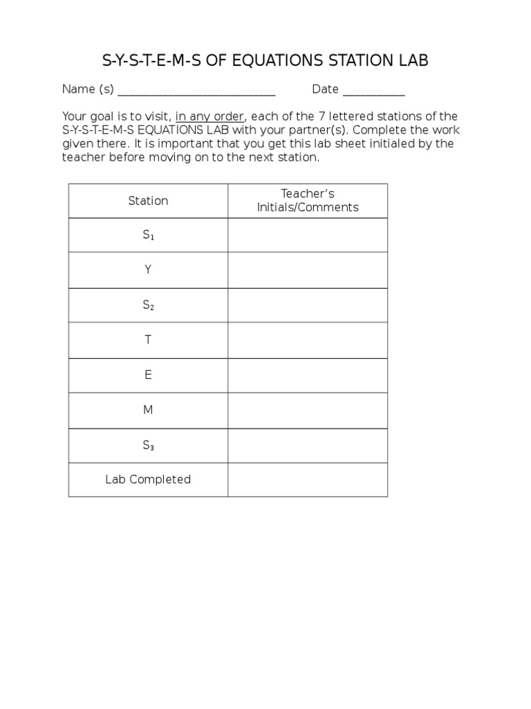 Systems of Equations - Stations Lab (Algebra 1) | PDF | Equations ...